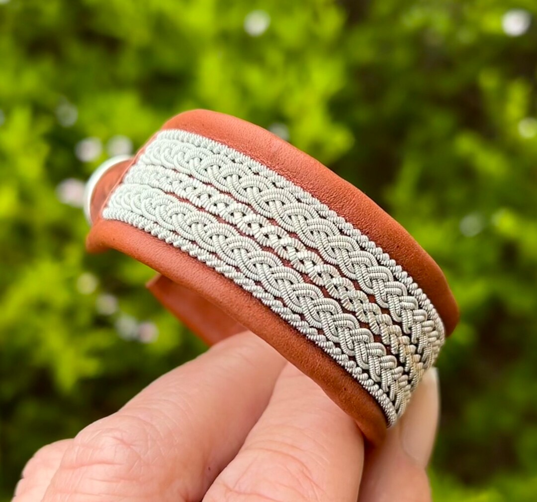 Traditional Nordic Sami Inspired Leather Cuff, With Pewter Thread ...