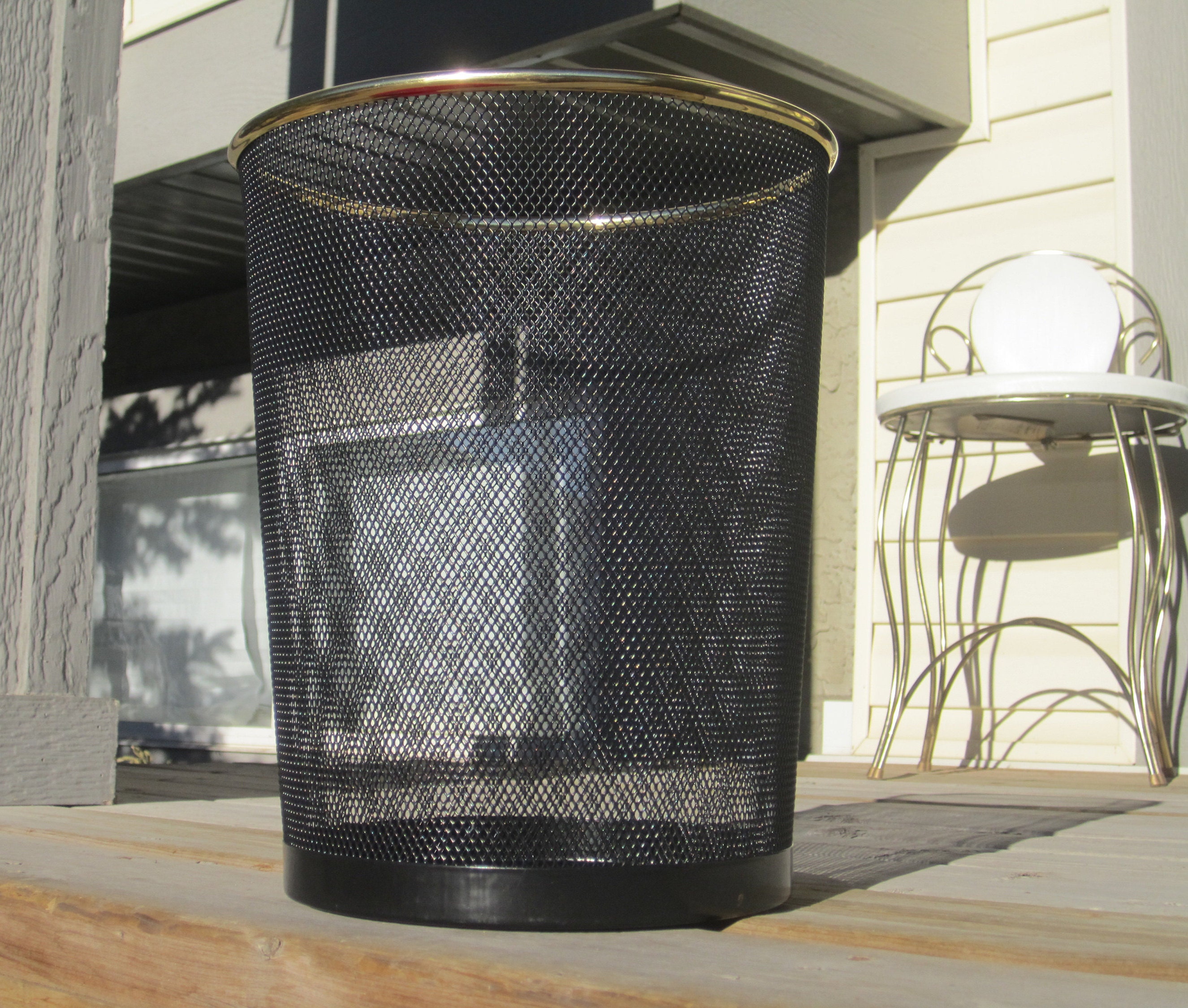 1980s 1990s Vintage Retro Black Gold Metal Trash Waste Basket Can ...