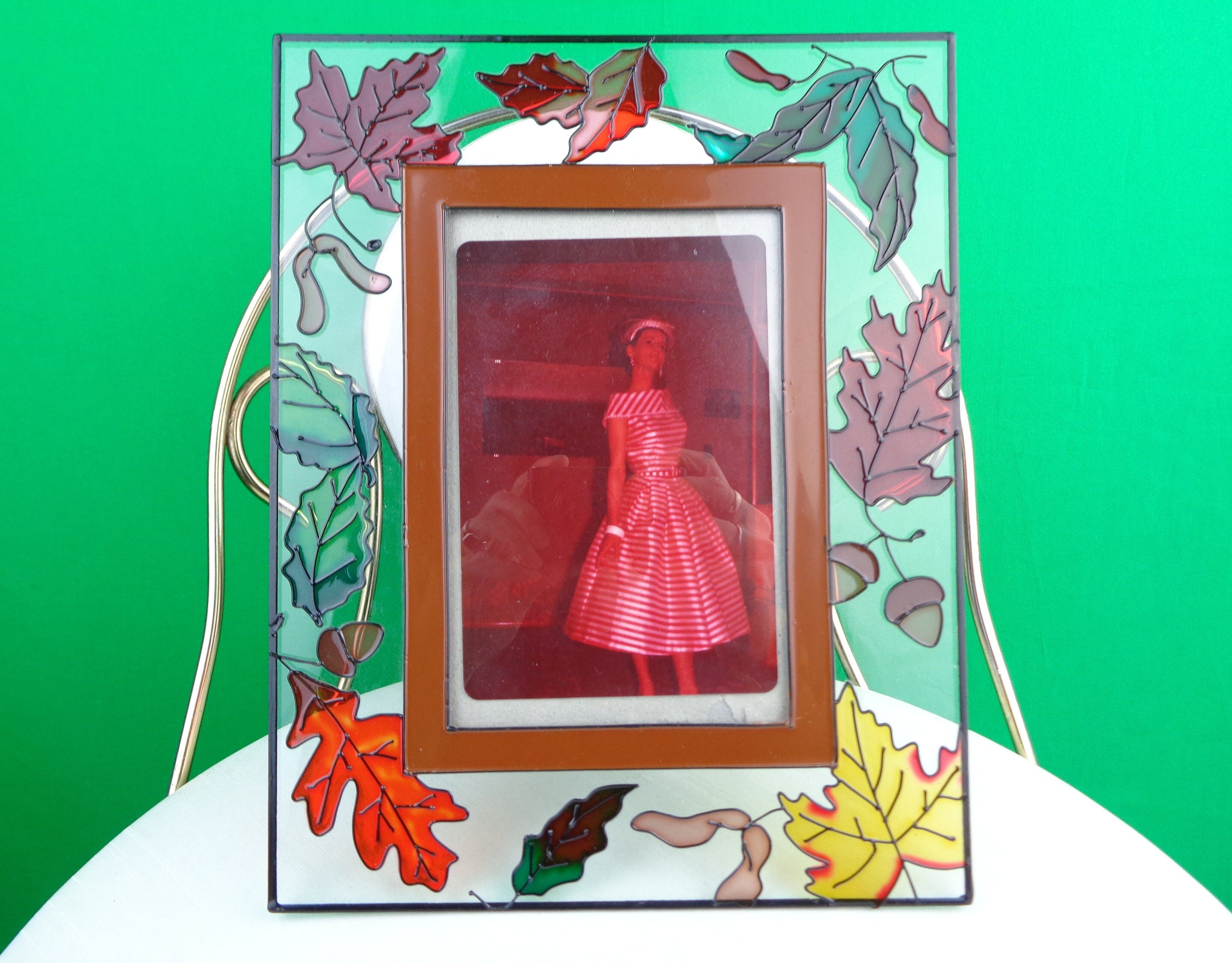 1990s 2000s Autumn Fall Leaves Stain Glass Black Velvet Picture Frame ...