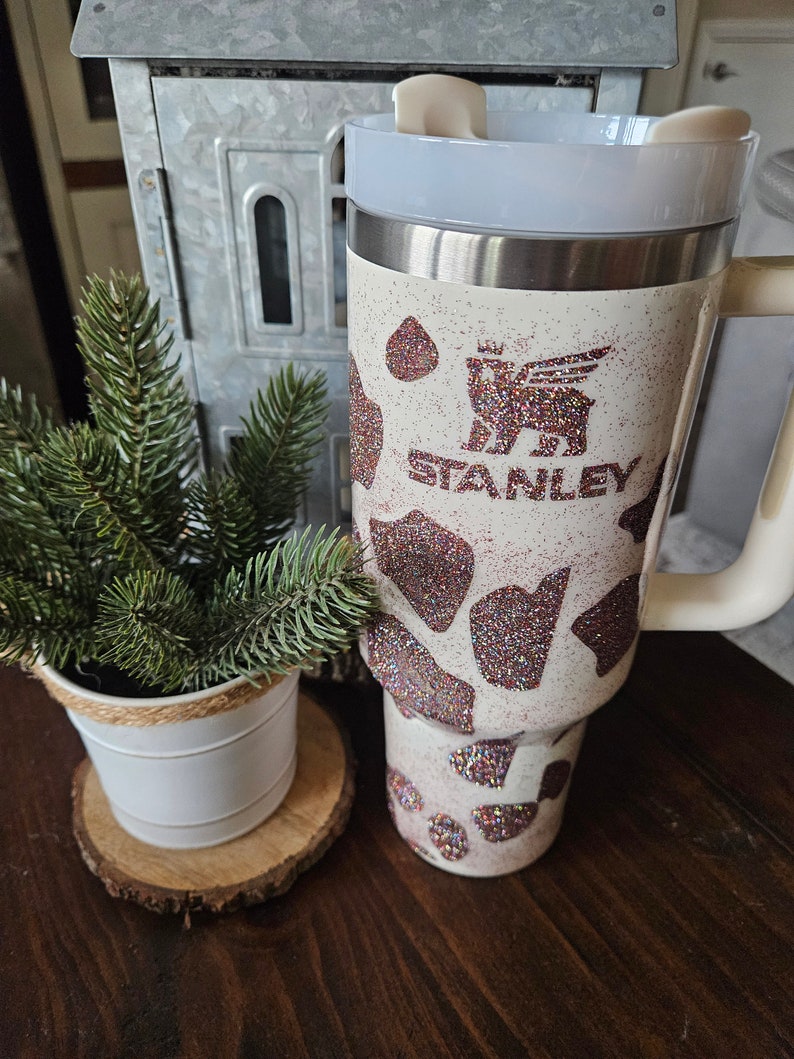 40oz Rose Gold Glitter Cow Pattern Stanley With Handle - Etsy
