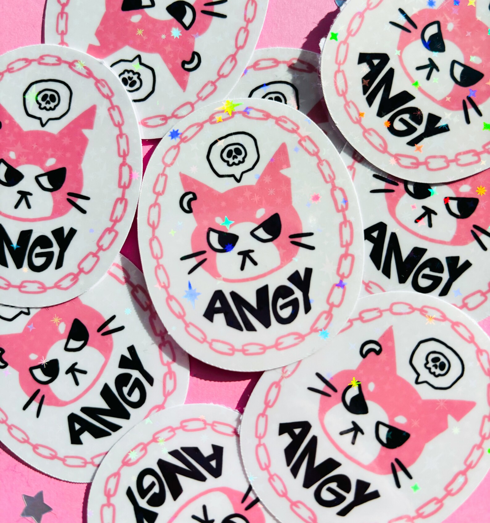 Angry Emo Cat Sticker | Holographic Cat Sticker, Waterproof, Cute Cat ...