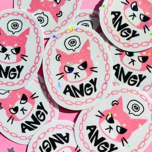 Angry Emo Cat Sticker | Holographic Cat Sticker, Waterproof, Cute Cat ...