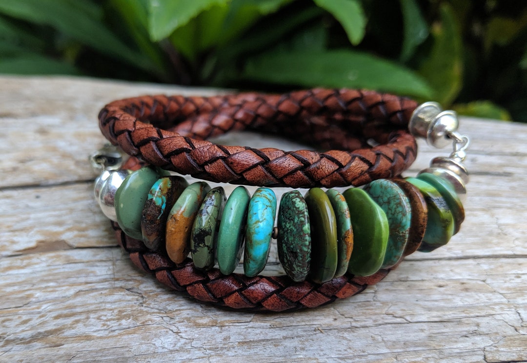 Genuine Turquoise Bracelet, Leather Wrap Bracelet, Chunky Bracelet ...