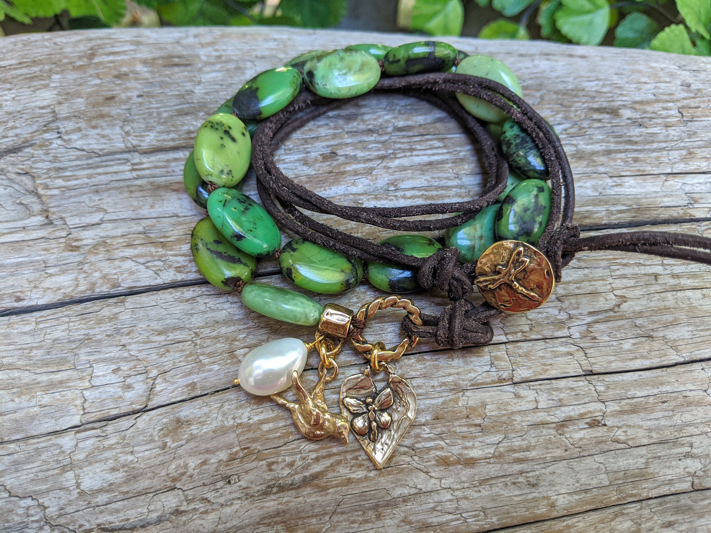 Chrysoprase Leather Wrap Bracelet, Baroque Pearl, Artisan Jewelry - Etsy