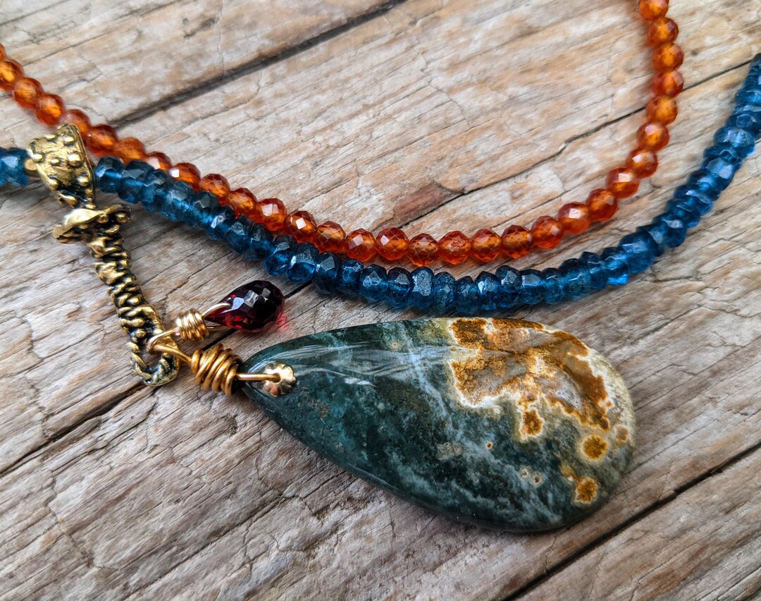 London Blue Topaz Necklace: Garnet, Ocean Jasper Pendant Necklace ...