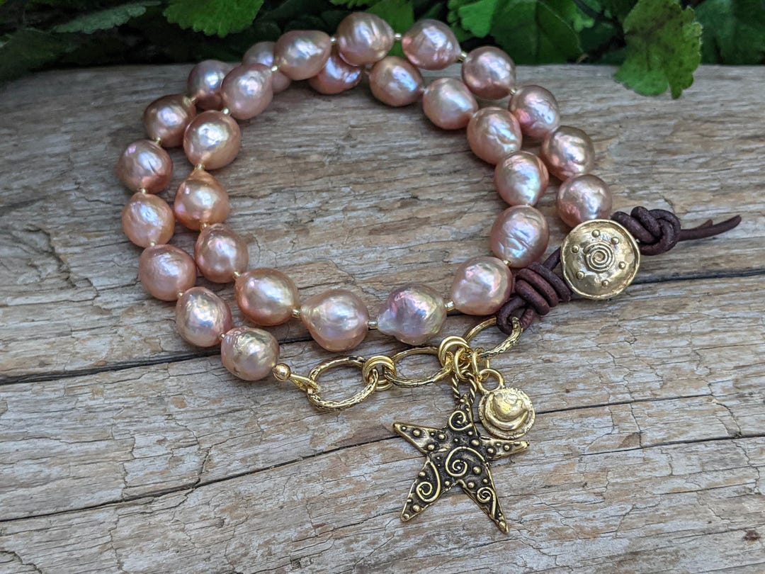 Gold Pink Edison Pearl Necklace, Big Pearl Necklace, Layering Necklace ...