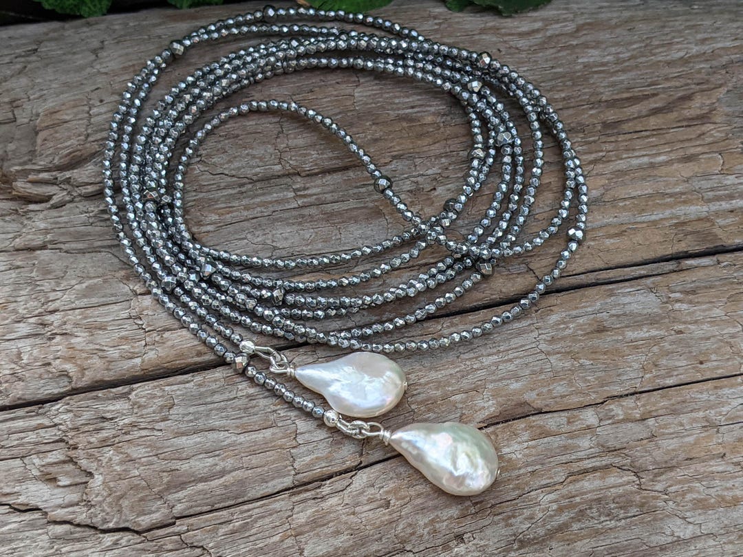 Long Necklace, Tie Necklace, Loop Necklace, Silver Hematite & Pearl Necklace, Sparkle Necklace ...
