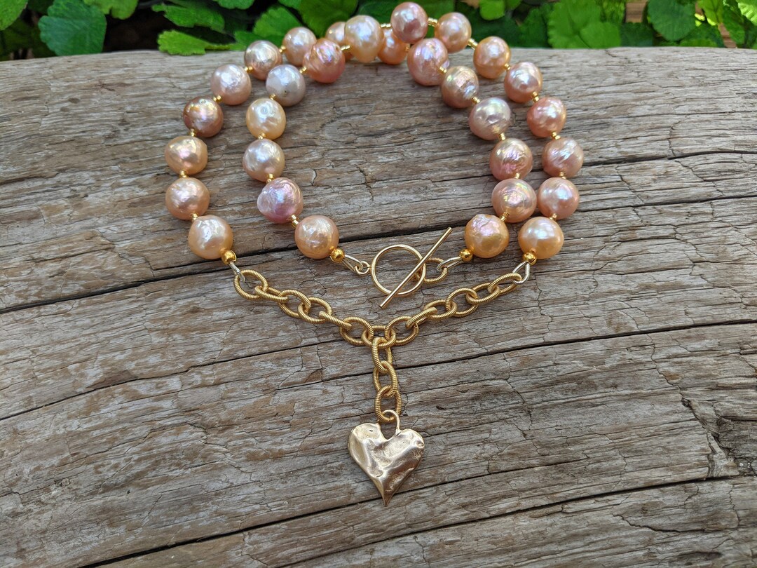 Pink Edison Pearl Necklace, Heart Pendant Necklace, Pink Gold Necklace ...