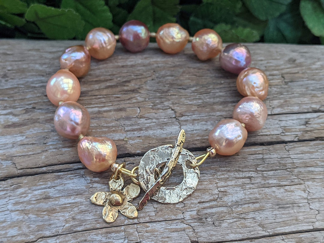 Pink Edison Pearl Bracelet, Big Pearl Bracelet, Gold Pearl Bracelet ...
