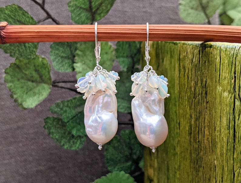 Baroque Pearl Opal Cluster Earrings, Sterling Silver Leverback - Etsy