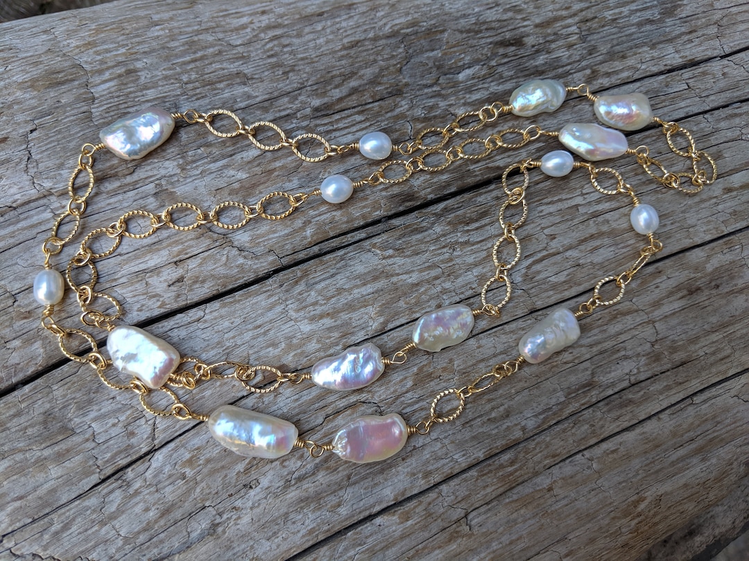 Long Pearl Necklace, Long Baroque Pearl Necklace, Pearl and Gold ...