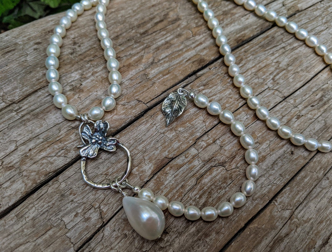Long Pearl Necklace Fresh Water Pearl Necklace Artisan Necklace Statement Necklace Silver