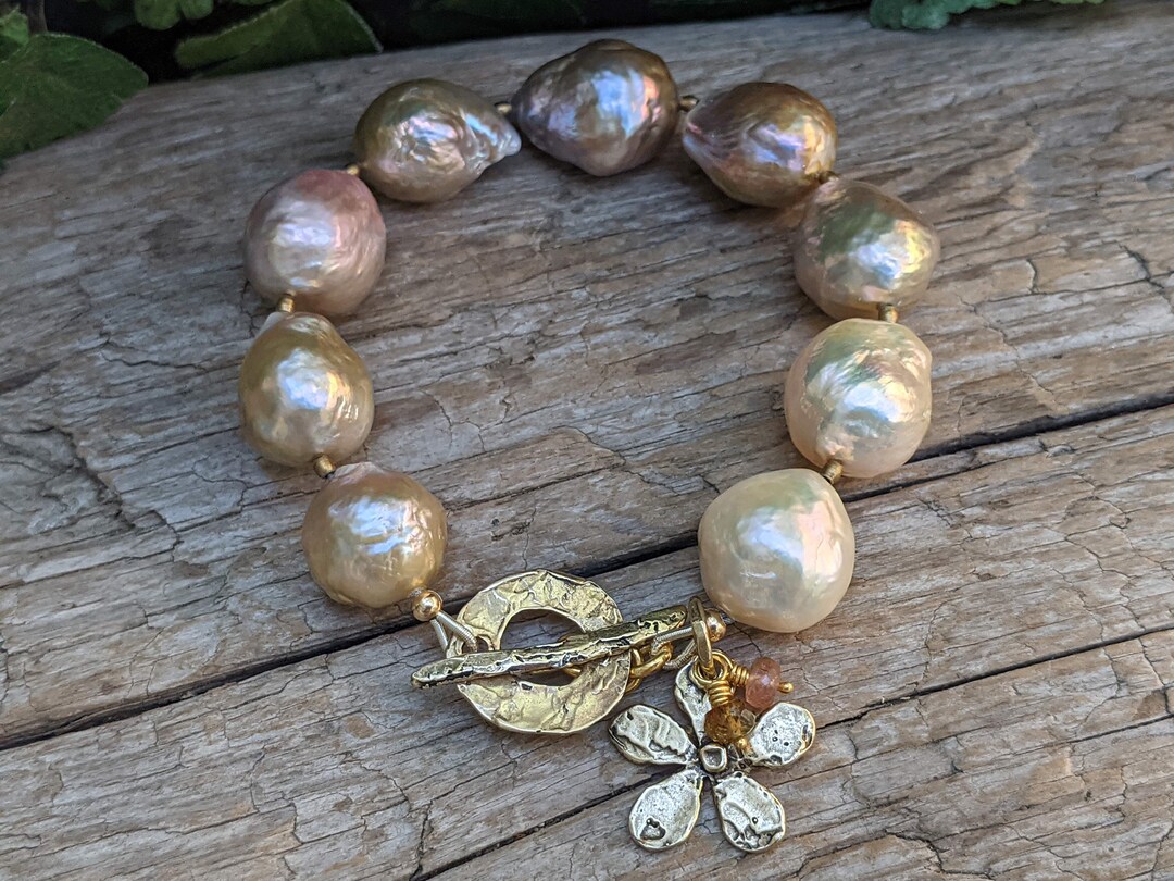 Pink Edison Pearl Bracelet, Big Pearl Bracelet, Gold Pearl Bracelet ...