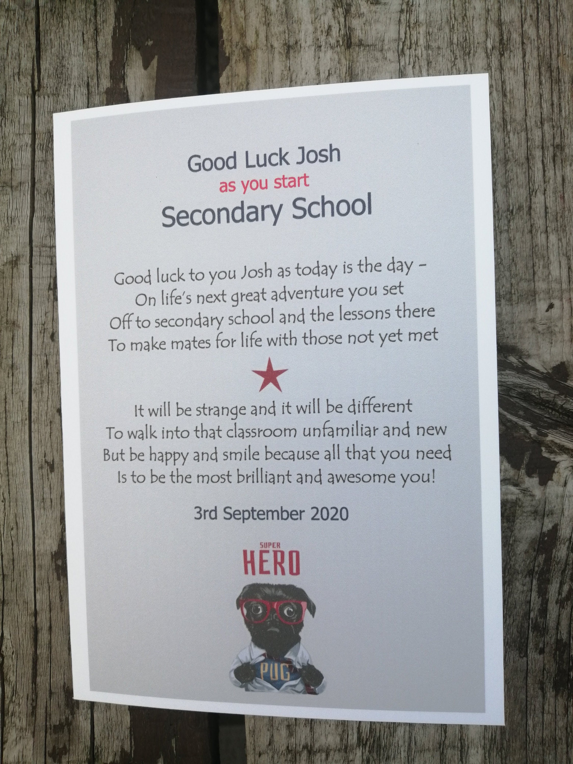 FIRST DAY at SECONDARY School Card - Personalised - Good Luck Poem ...