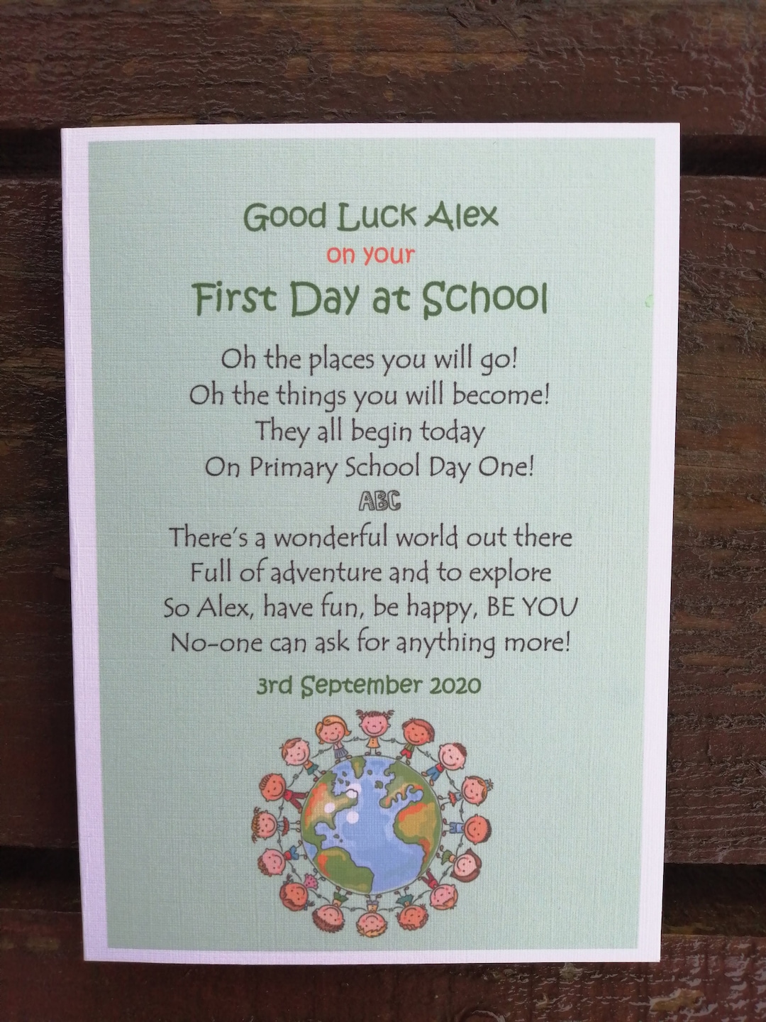 FIRST DAY at SCHOOL Card - Personalised - Good Luck Poem - Starting ...