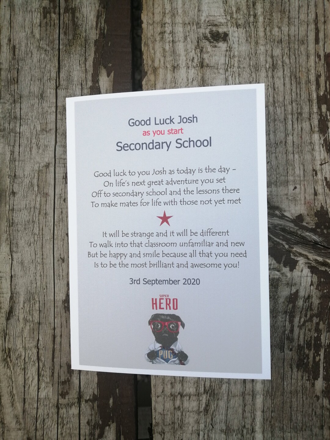 FIRST DAY at SECONDARY School Card - Personalised - Good Luck Poem ...