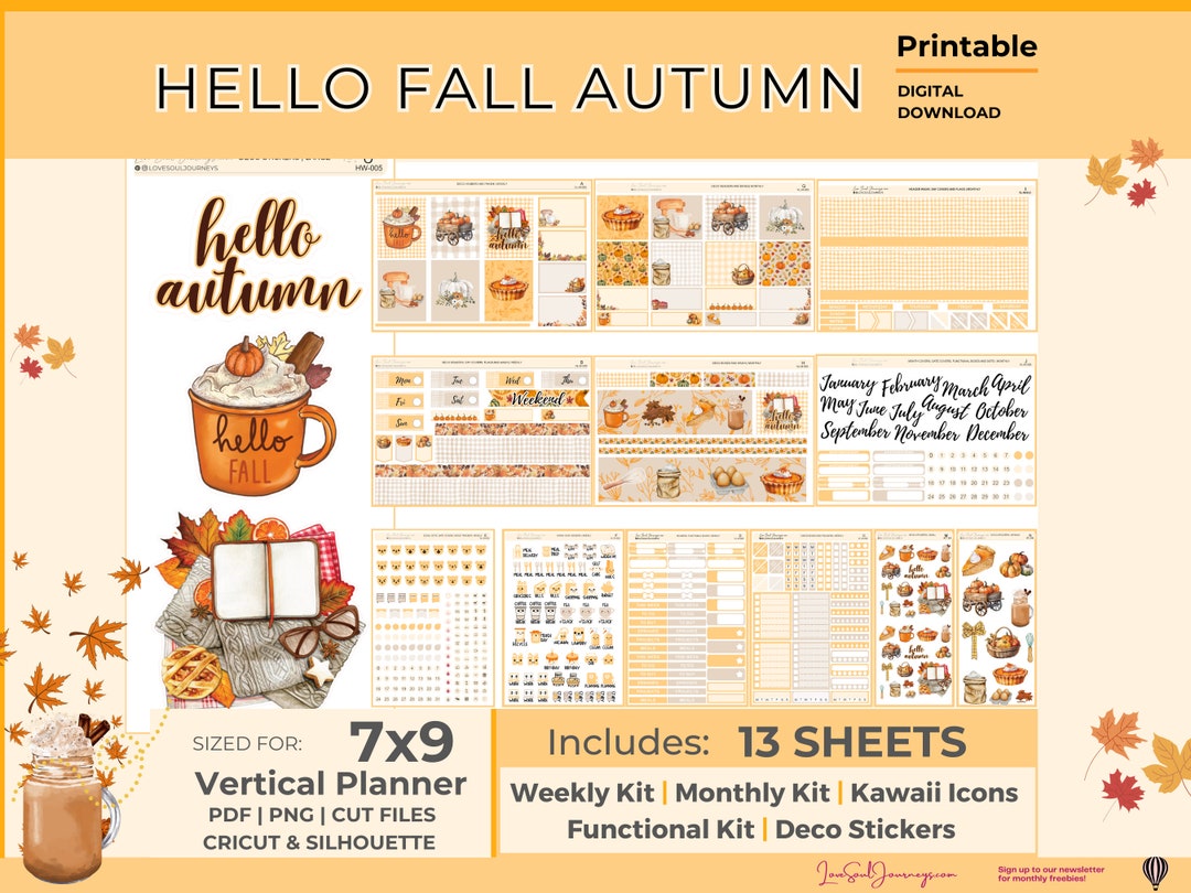 Hello Fall Autumn Planner Kit Stickers | 13 Sheets | Vertical | Fits ...
