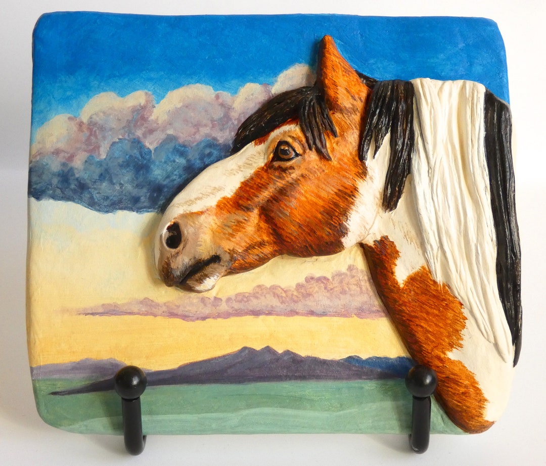 Hand-painted Clay Bas Relief Sculpture: Wild Mustang, American West - Etsy