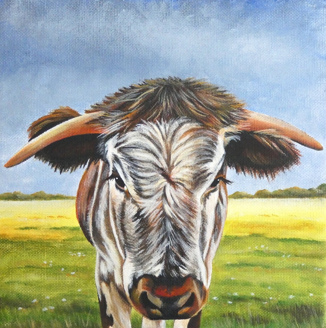 English Longhorn Original Painting on Canvas. Cow, Bullock, Horns, Farm ...