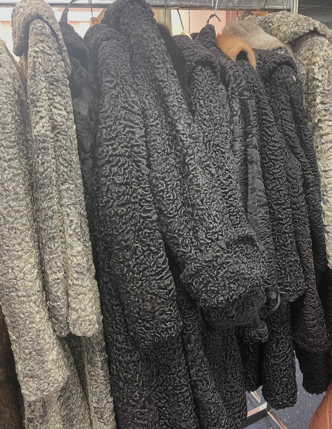 Genuine Persian Lamb Fur Coat Old-fashioned Black Gray Mink Fur Collar ...