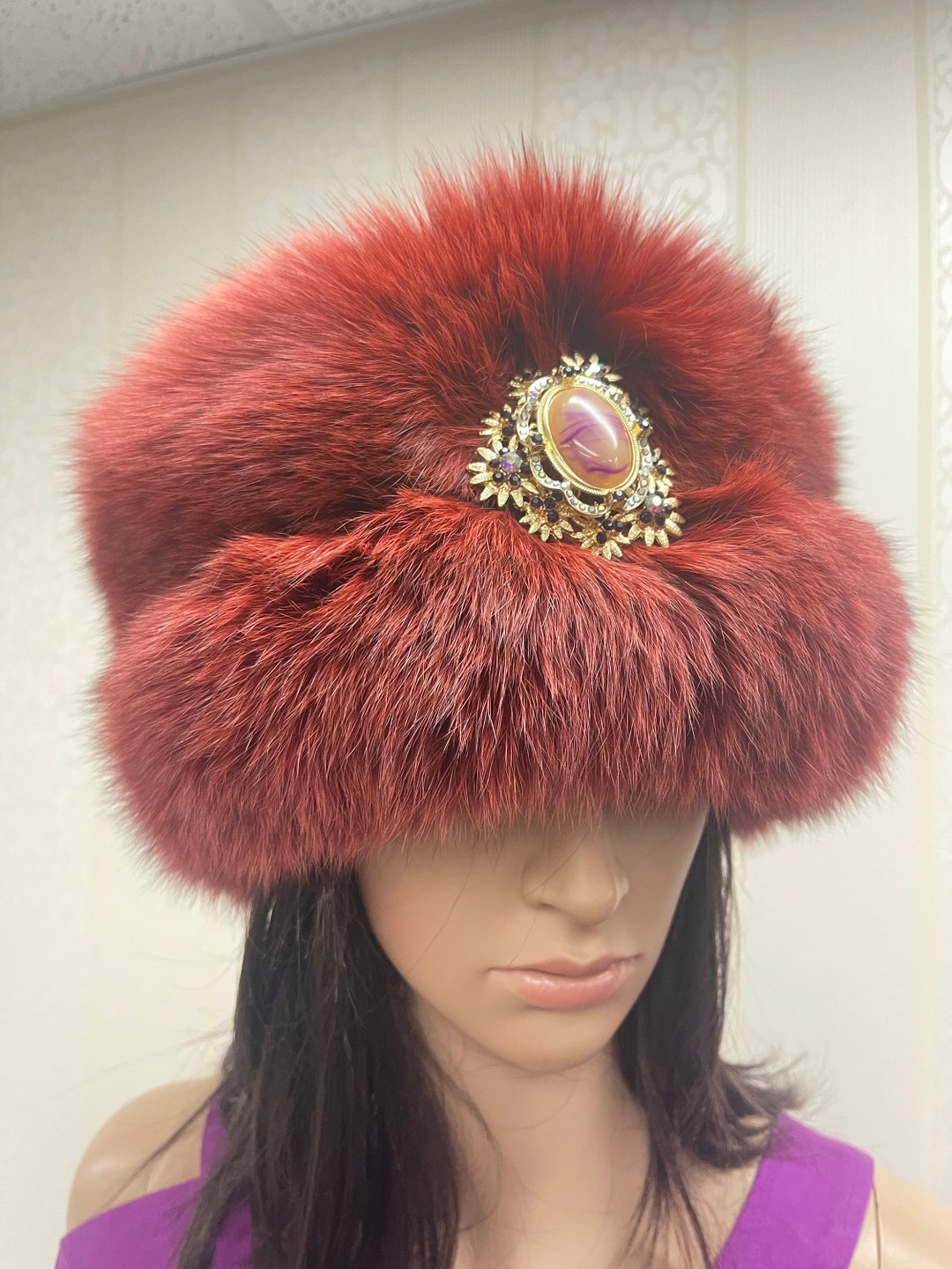Genuine Red Shadow Fox Fur Hat Leather Trim - Etsy