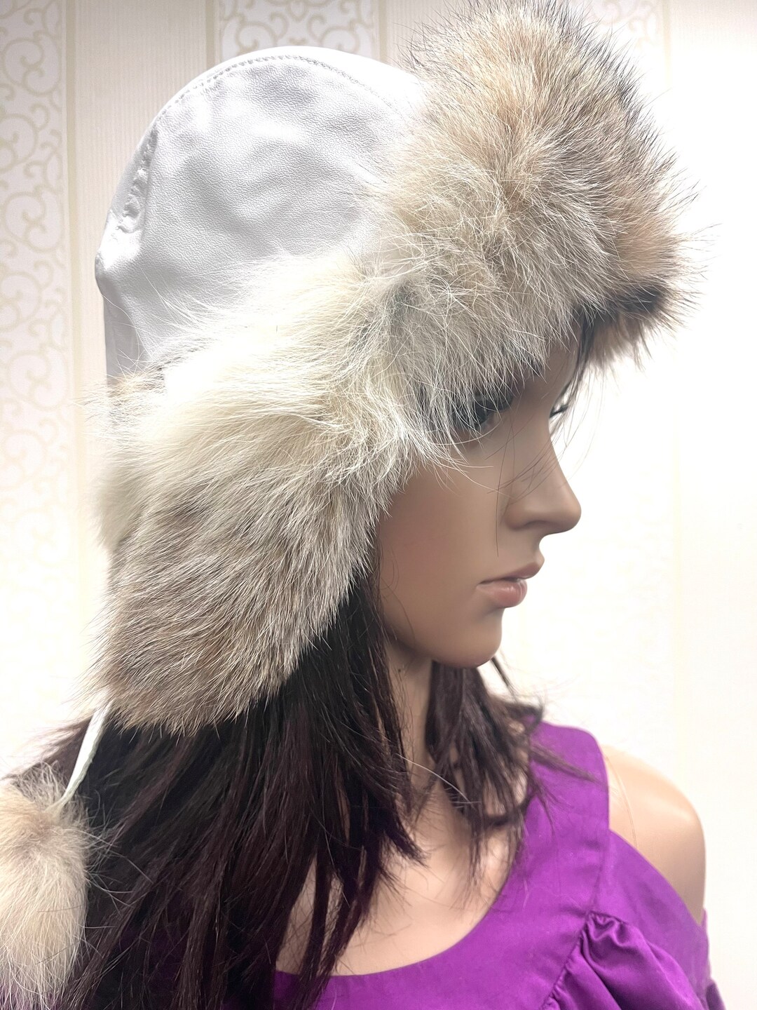 Genuine Canadian Lynx Fur Tapper Aviator Hat White Leather Top Pompoms ...