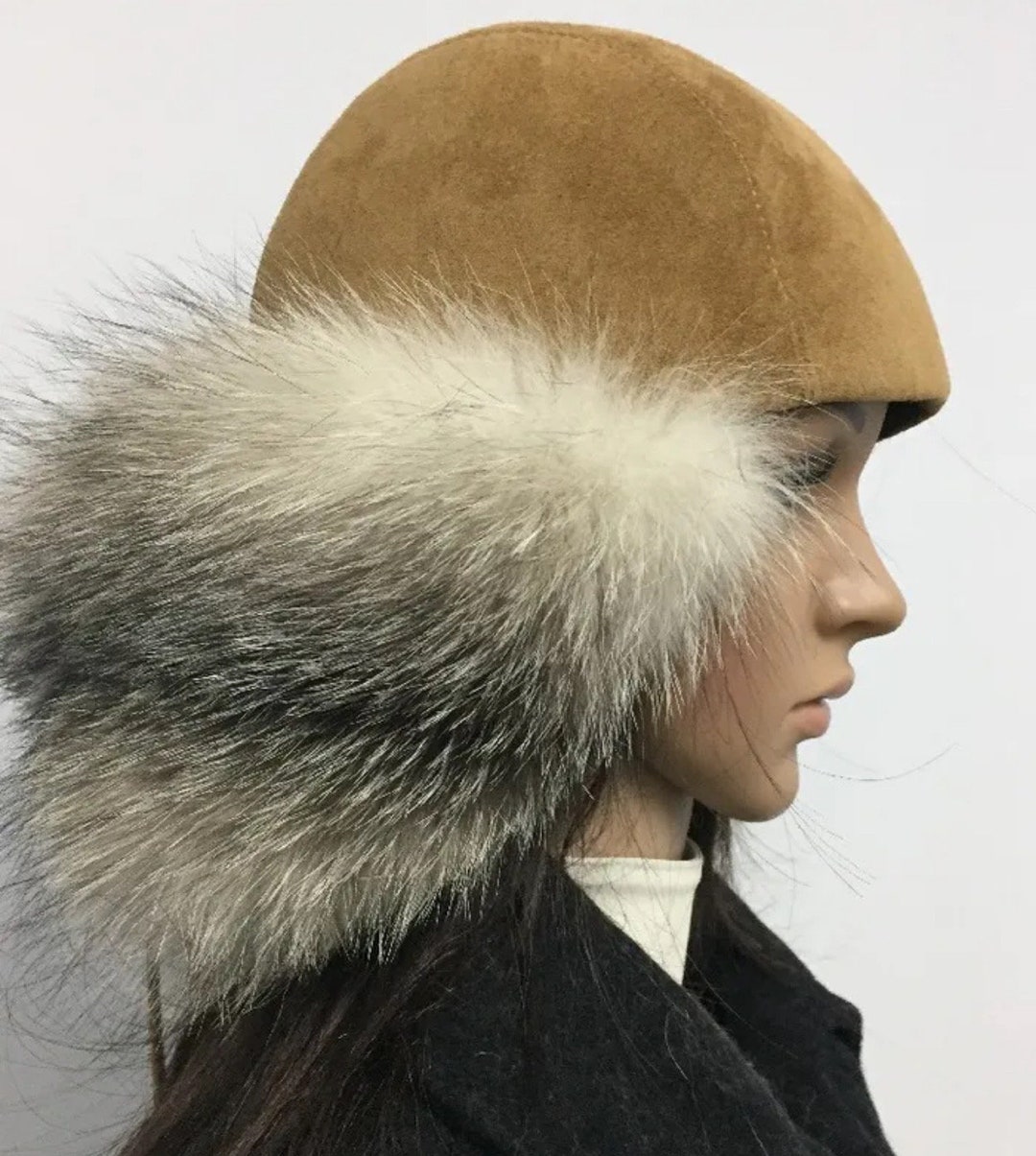 Genuine Cross Fox Fur Indigo Fur Hat Black Brown Suede Aviator Ear ...
