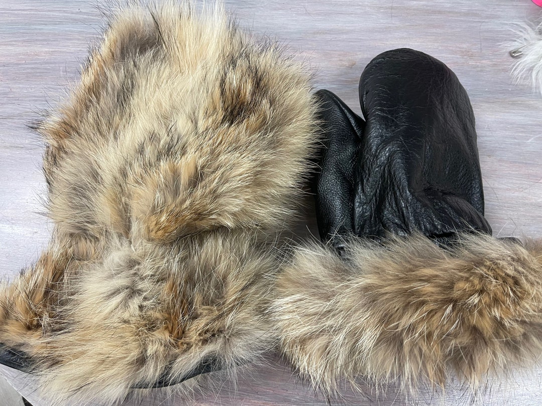 12’’ Genuine COYOTE BEAVER Raccoon Leather Fur Men’s Mittens Reversible ...