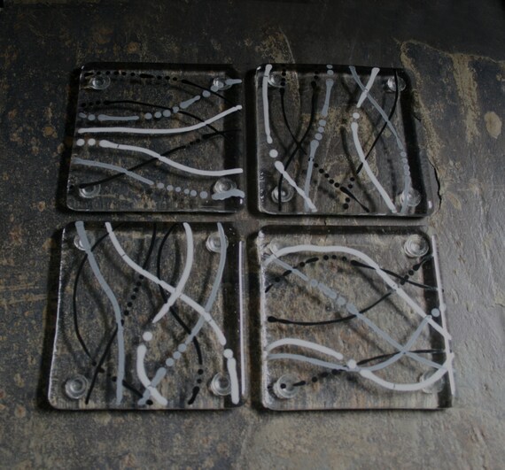 Fused Glass Coasters. serpentine Ashes Black White Grey on a Clear Base. Squiggly Coasters. Choose 2 or 4. Can Be Customized Etsy UK