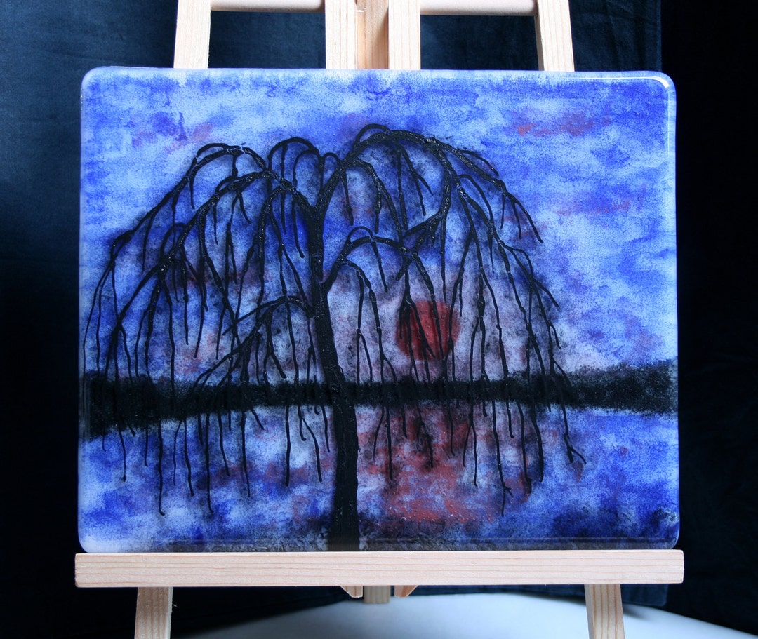 Winter Willow - Hand Painted Kiln Fused Art Glass 3D Painting. Glass ...
