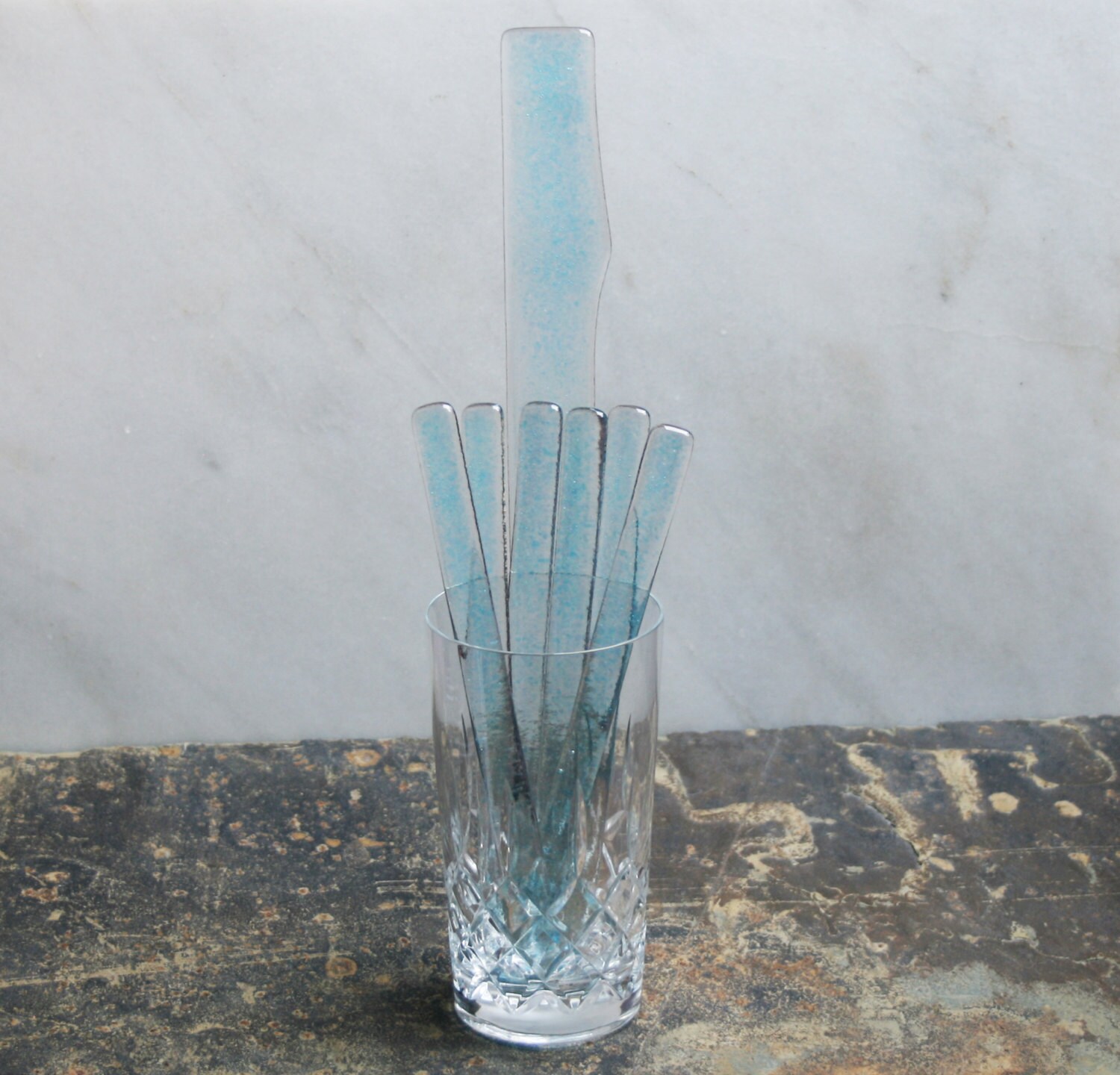 Fused glass Swizzle sticks 'Blue Ice' A set of 6 drink stirrers with a ...