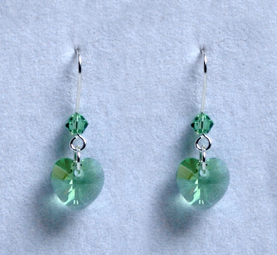 Handmade Birthday earrings. August Peridot Birthstone Birth sign Zodiac Leo. Sterling silver Swarovski crystal heart earrings