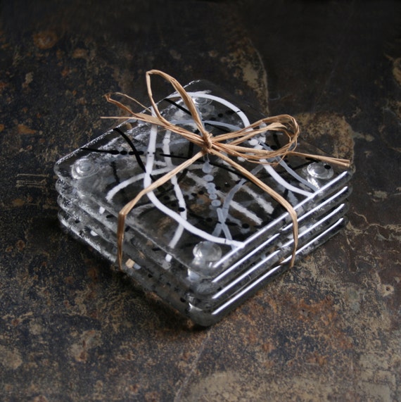 Fused Glass Coasters. serpentine Ashes Black White Grey on a Clear Base. Squiggly Coasters. Choose 2 or 4. Can Be Customized Etsy UK