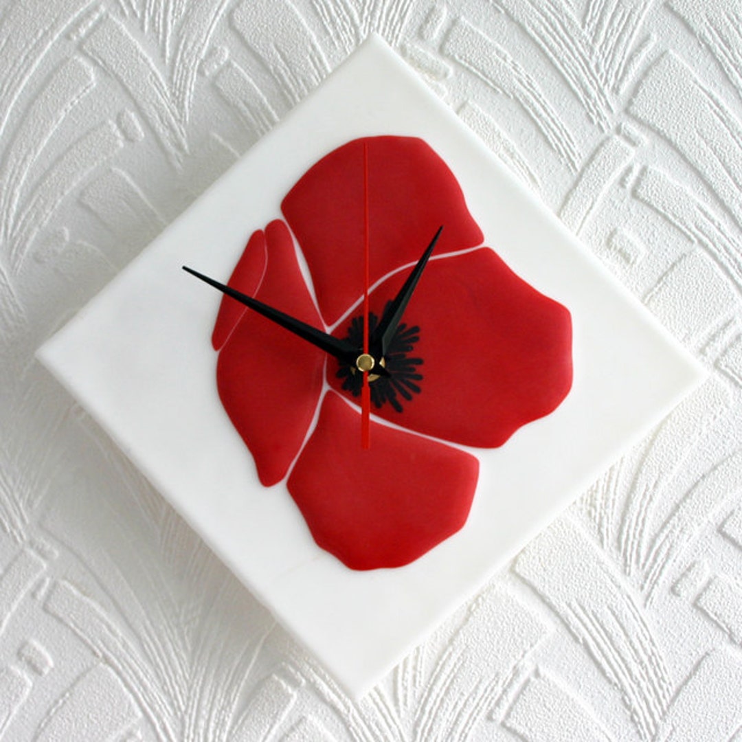 Icelandic Red Poppy - Exclusive Fused Art Glass Wall Clock. Red Poppy ...