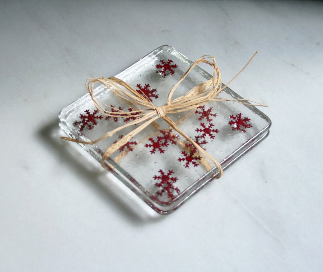 Fused Glass Winter Coasters 'copper Snow' - Clear Coasters With Real ...