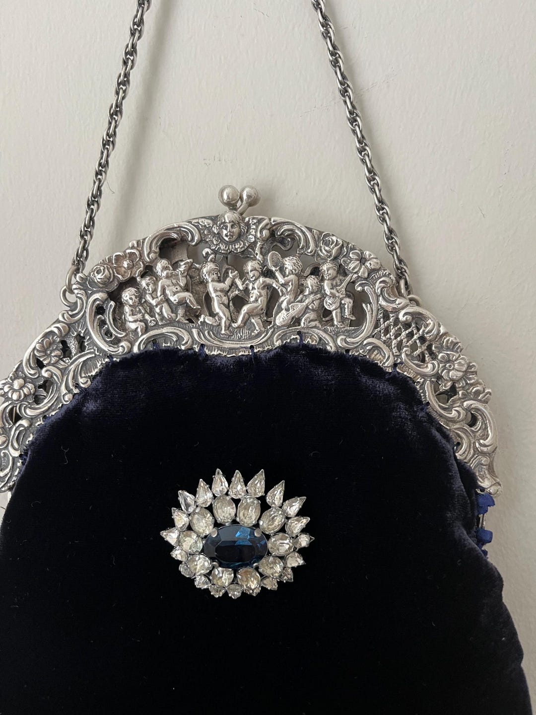 Antique Italian Peruzzi Boston Silver Marked Purse Frame Remade in Navy ...