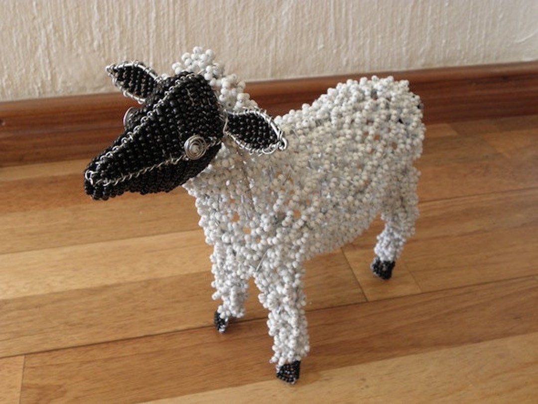 African Beaded Wire Animal Sculpture - SHEEP MEDIUM - White and Black ...