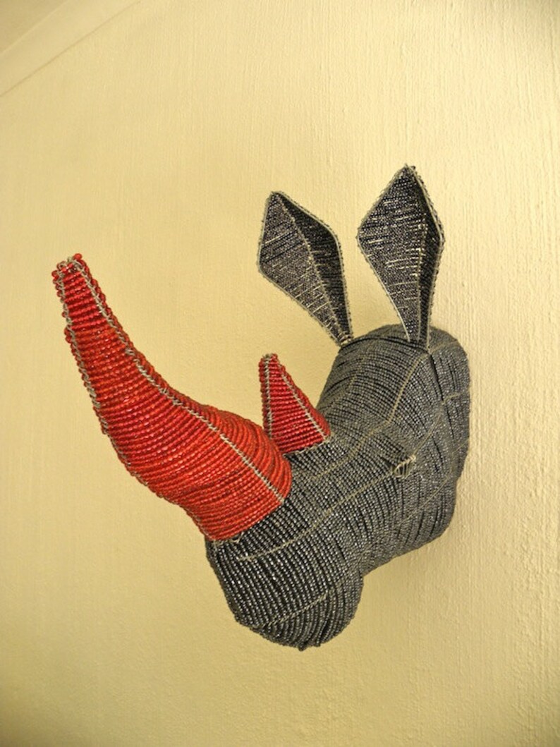 African Beaded Wire Animal Sculpture RHINO Head Grey and - Etsy
