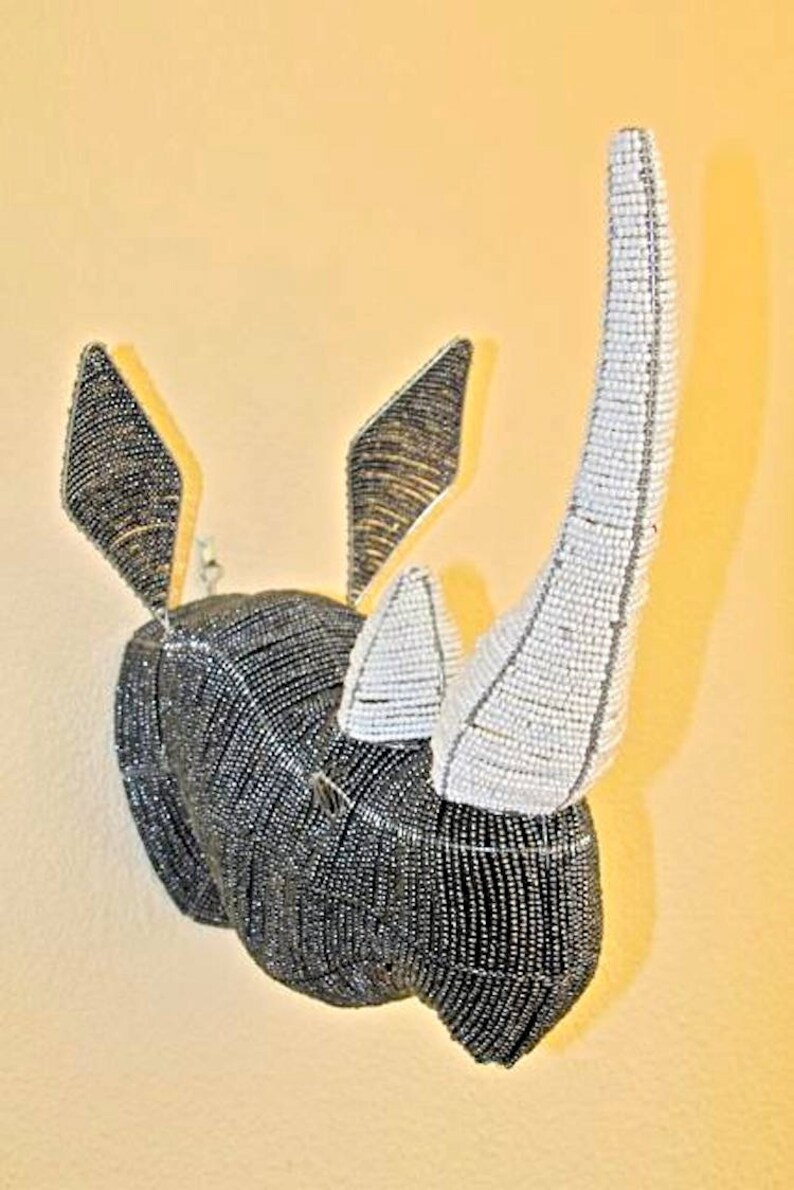 African Bead Wire Sculpture RHINO HEAD White Horns | Etsy
