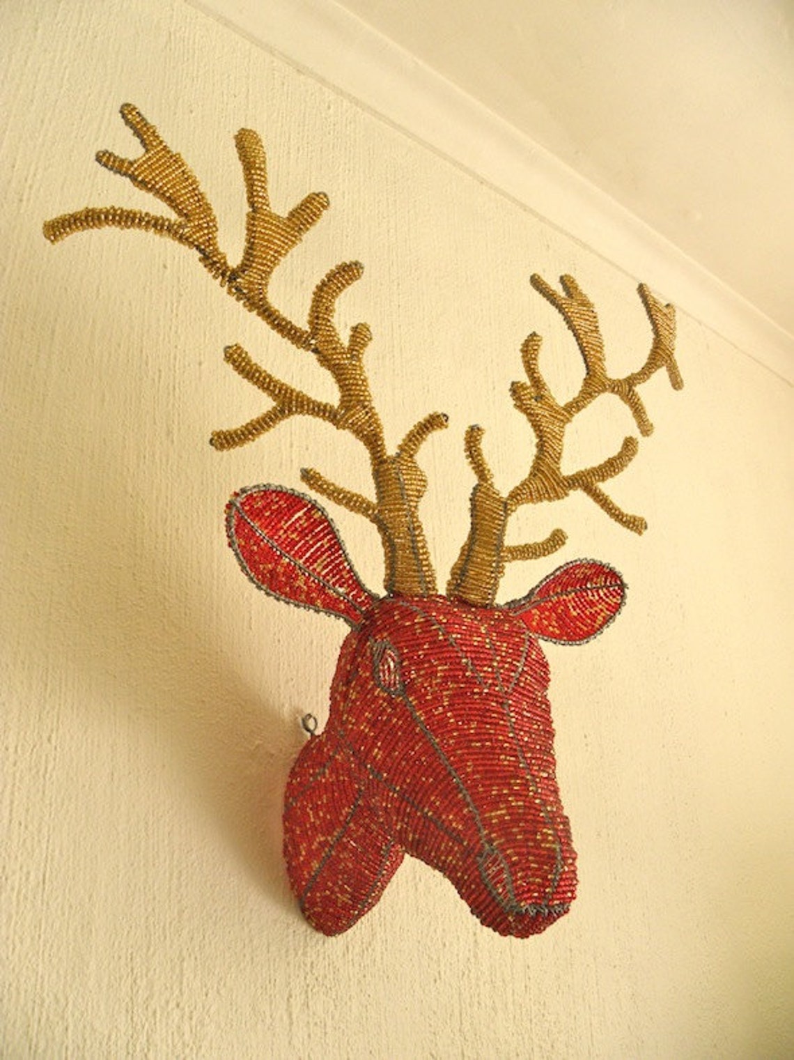 African Beaded Wire Animal Sculpture REINDEER Head Red W/ - Etsy