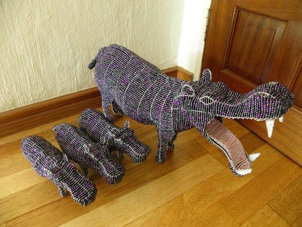 African Beaded Wire Animal Sculpture HIPPO LARGE FAMILY | Etsy