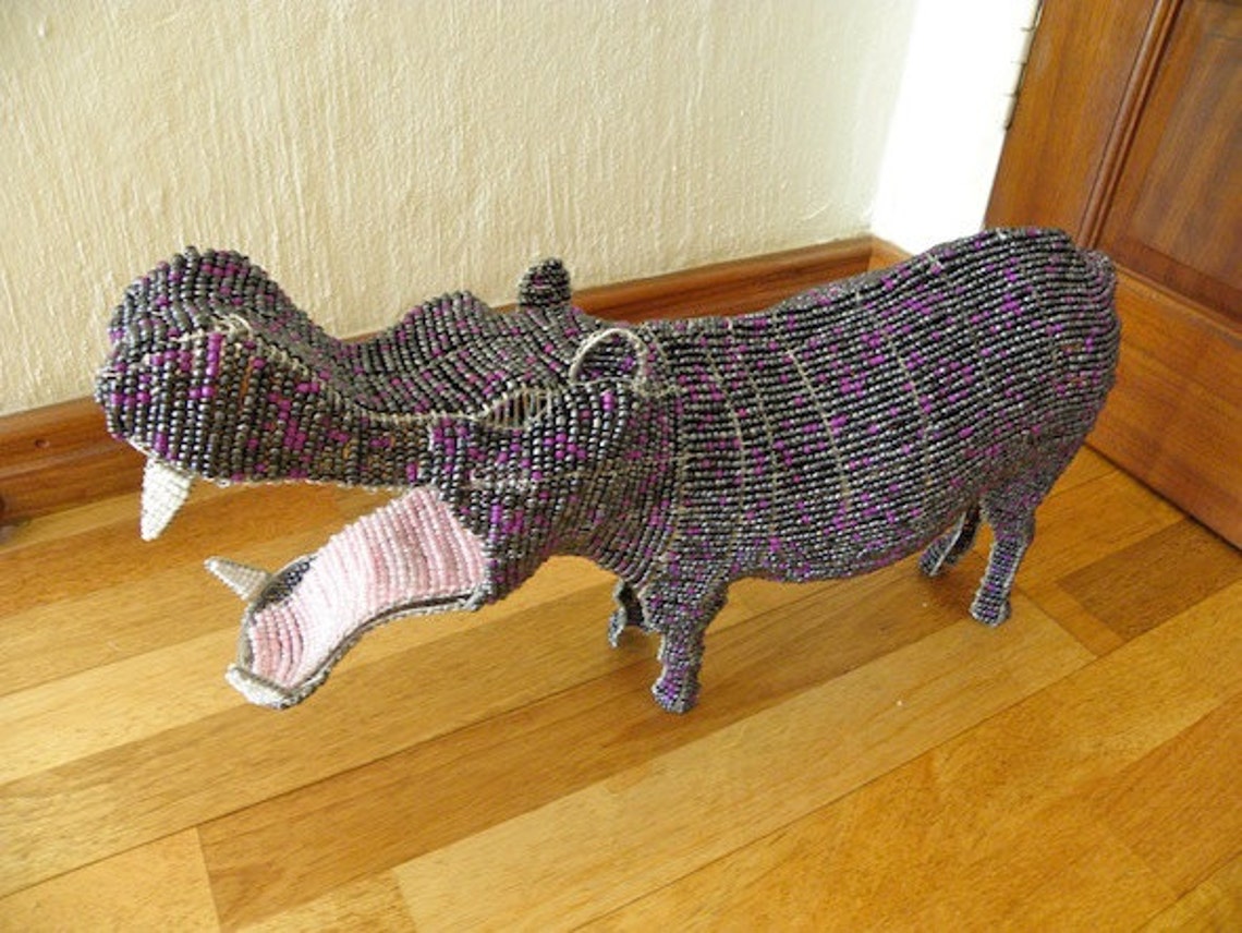 African Beaded Wire Animal Sculpture - HIPPO LARGE FAMILY - Gray and ...