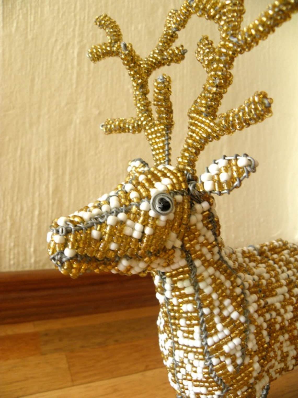 African Beaded Wire Animal REINDEER SMALL Gold and White | Etsy