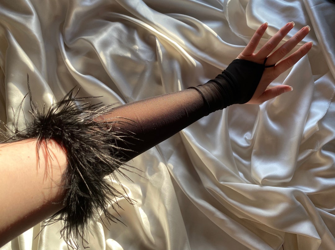 GLAM Ostrich Feather Semi Sheer V Shape Fingerless Gloves Over the ...