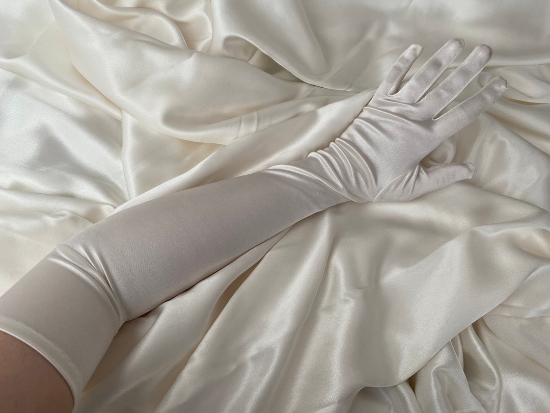CLASSIC IVORY Gloves Extra Long Opera Length Elbow Shiny Satin Silky Wedding Hen Do Bride ...