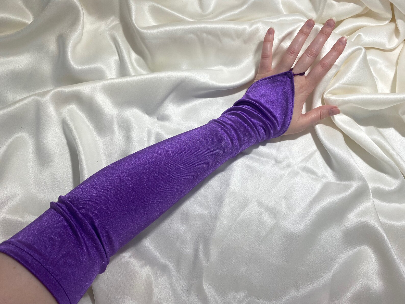 PURPLE V Shape Fingerless Gloves Opera Over the Elbow Length Long Satin ...