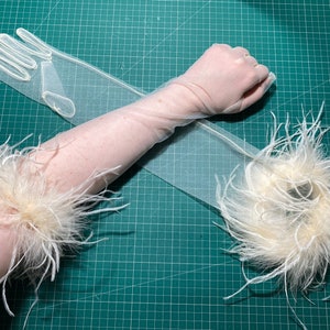 IVORY OSTRICH Feather Gloves Sheer Tulle Glove Bride to Be Over the ...