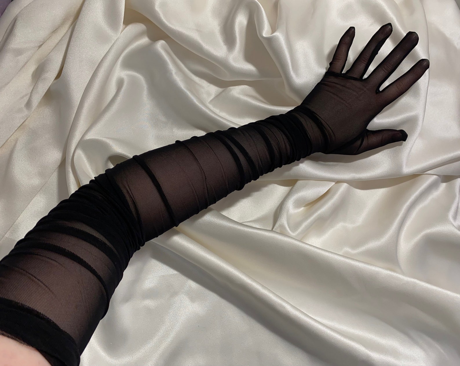 Ruched White Extreme Length Over Elbow Length Semi Sheer Gloves, Very ...