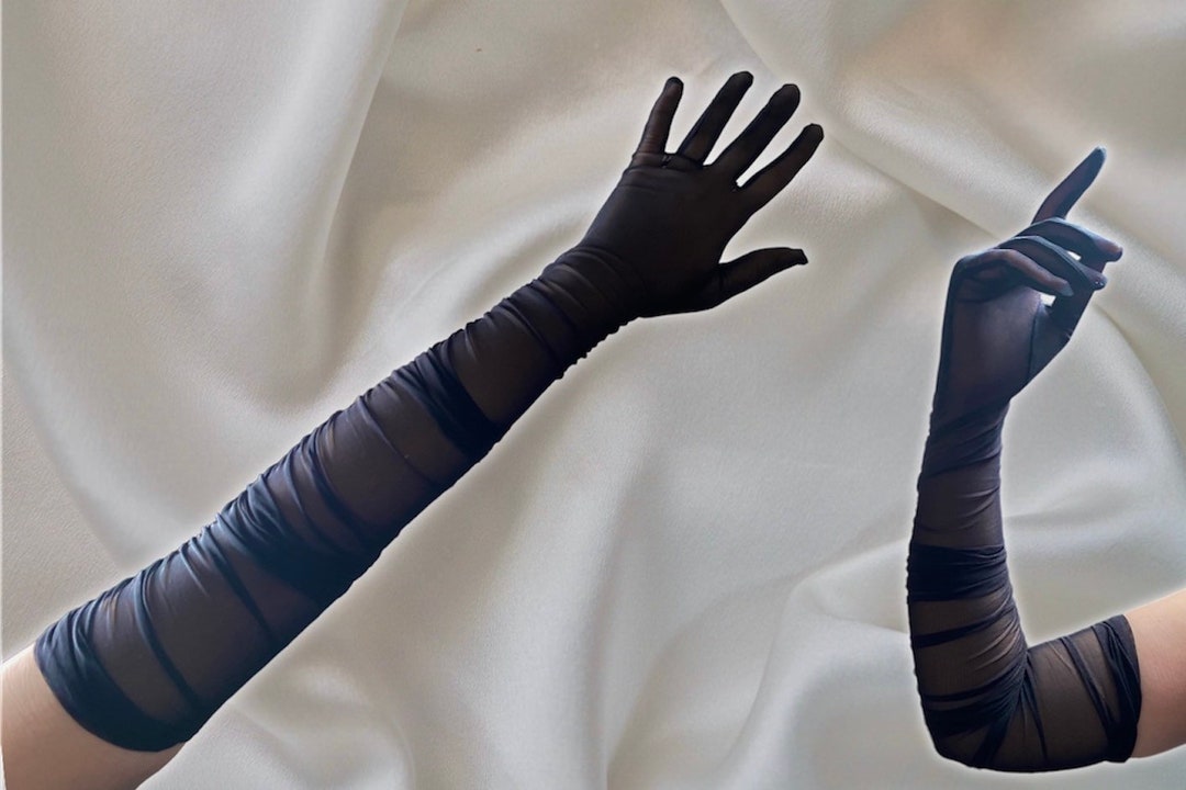 Extreme Length Opera Gloves Ruched Black Semi Sheer Glove - Etsy
