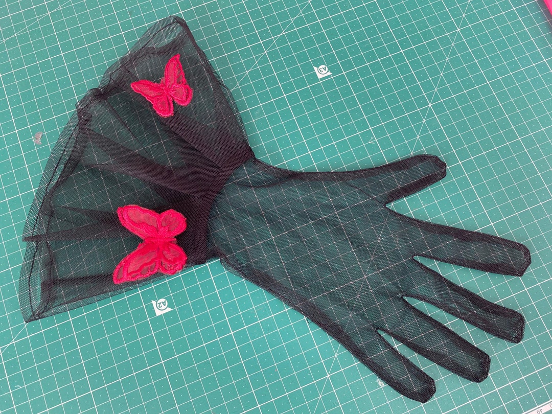 Black Ruffle Glove With 3D Butterfly Embellishments Short Statement ...